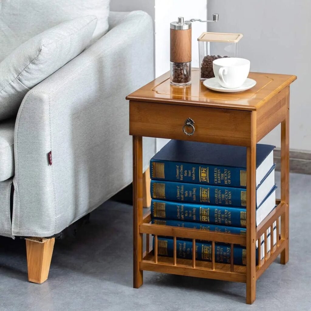 Bamboo Bedside Table with Drawer Bedroom Nightstand Plant Storage ...